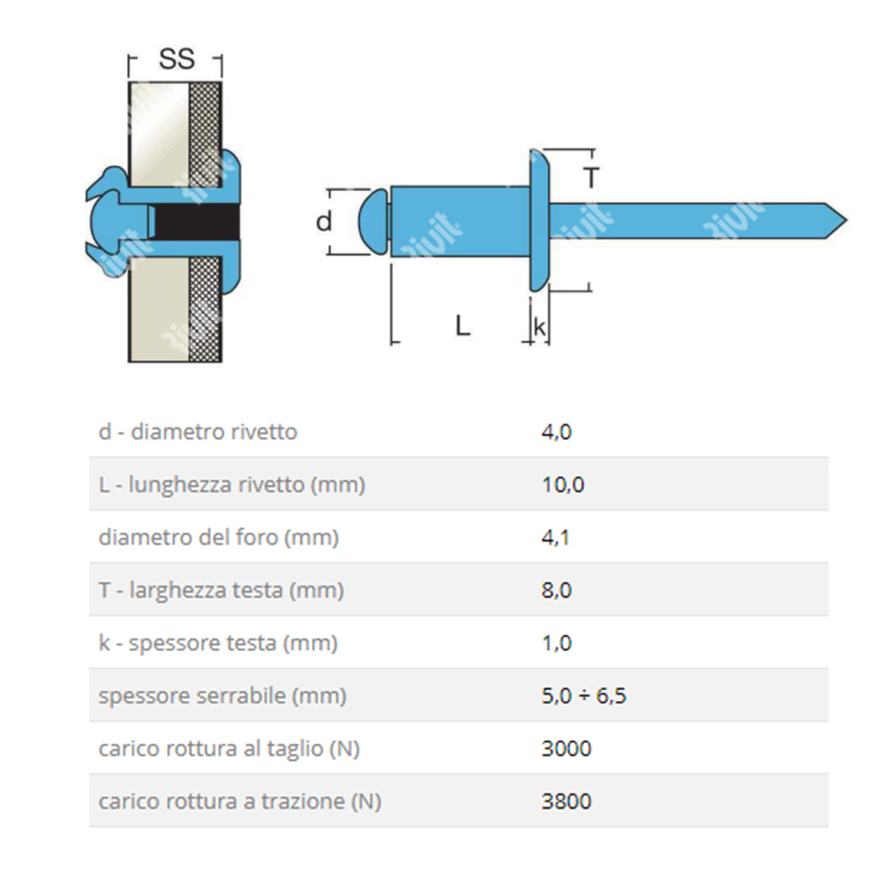Rivetti a strappo RIVIT IITA240010 4x10 testa tonda e corpo in acciaio ...