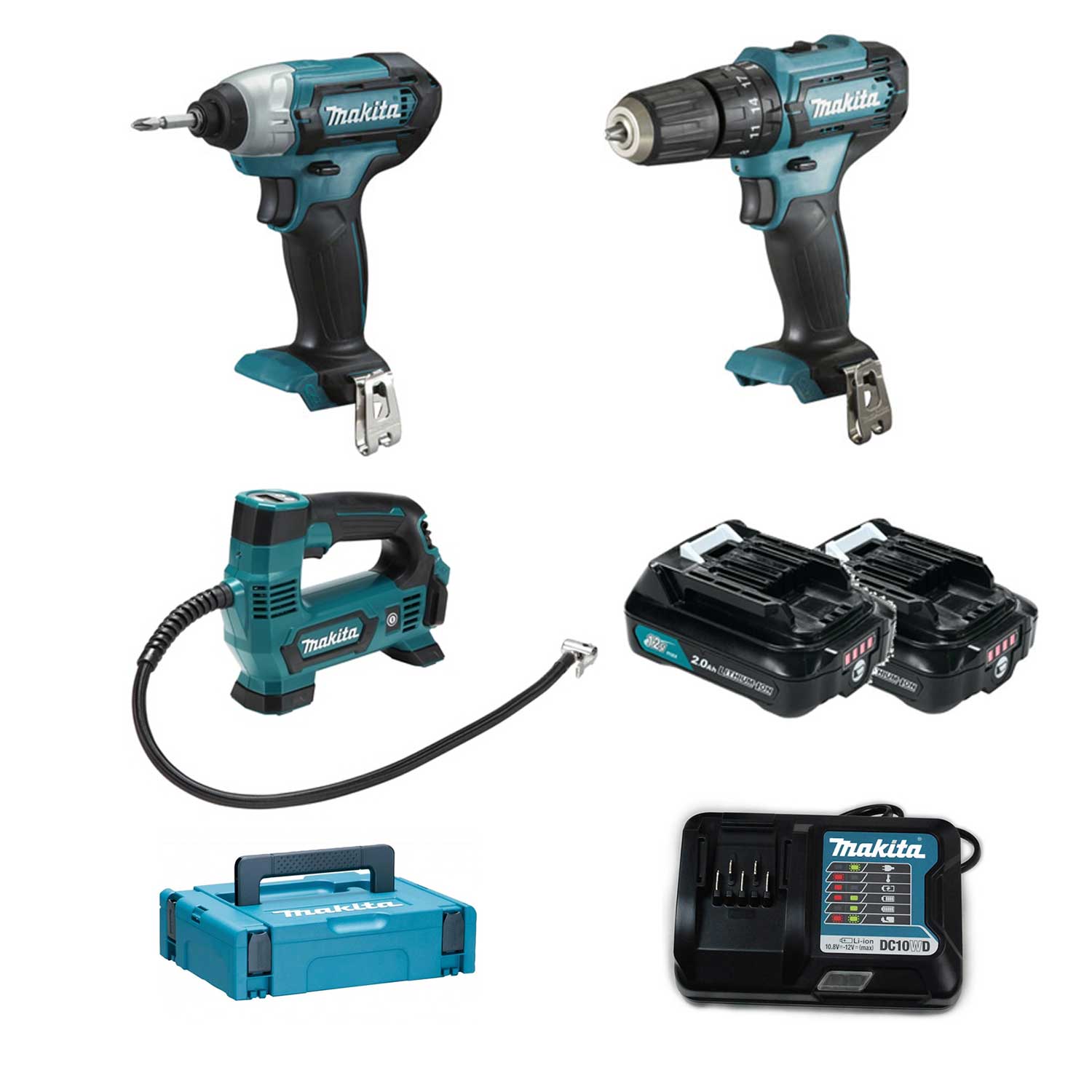Set Makita Clx228aj+comp 3 macchine compressore + trapano avvitatore ...