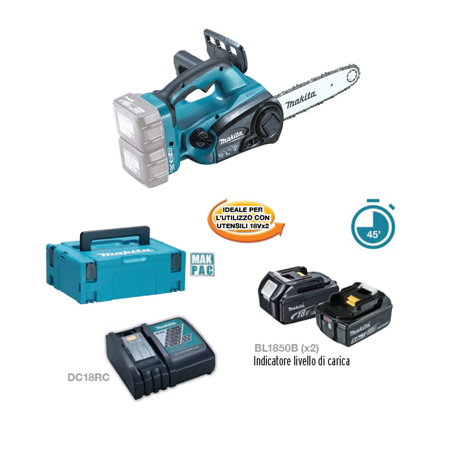 Kit Makita duc252z+2batt+carica con elettrosega 36V(18vx2) 250mm + 2 batterie bl1850b ...
