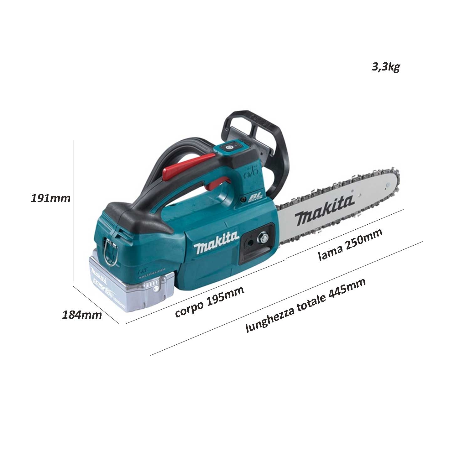 Elettrosega Makita duc254z a batterie 18V motore BL barra a rocchetto 250mm solo corpo