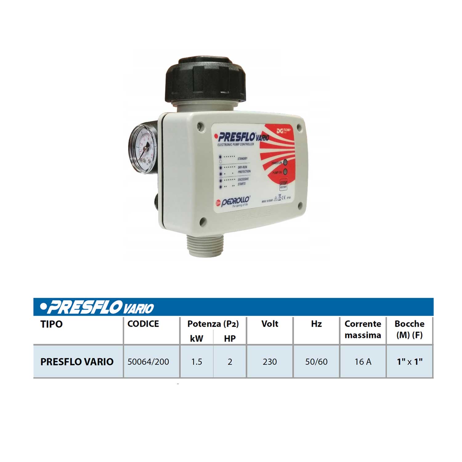 Regolatore di pressione Pedrollo PRESFLO VARIO elettronico 1" M/F max 10 bar regolazione tra 0,8 ...